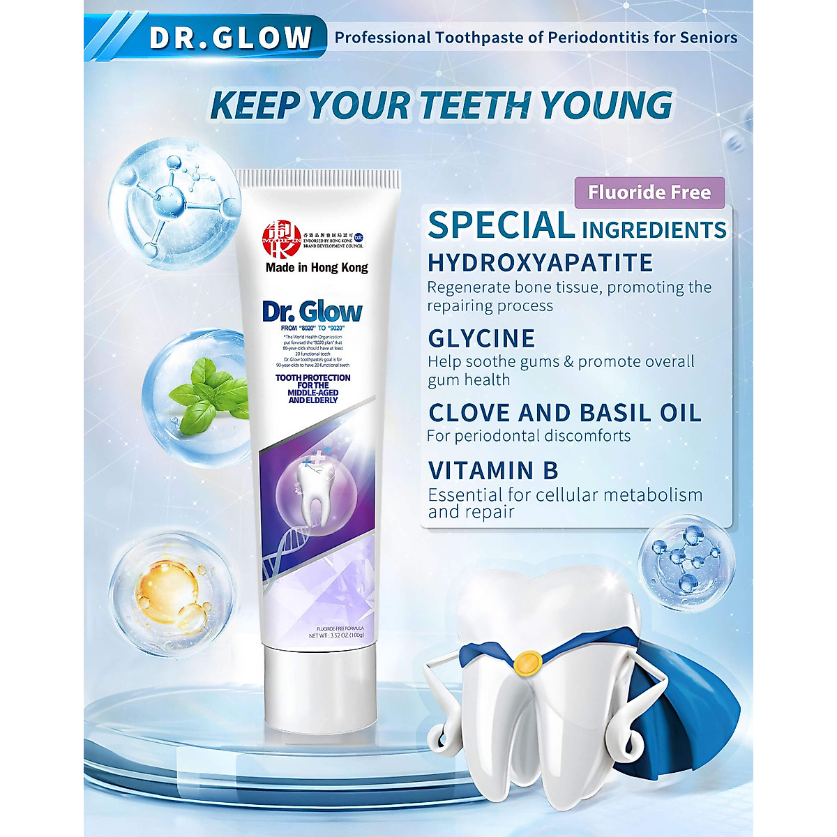 Dr. Glow Gingivitis Treatment Toothpaste for Elderly & Mid-Aged, Gum Repair for Receding Gums Hydroxyapatite Toothpaste, Periodontal Disease Treatment for Seniors, Fluoride Free Gum Disease Treatment