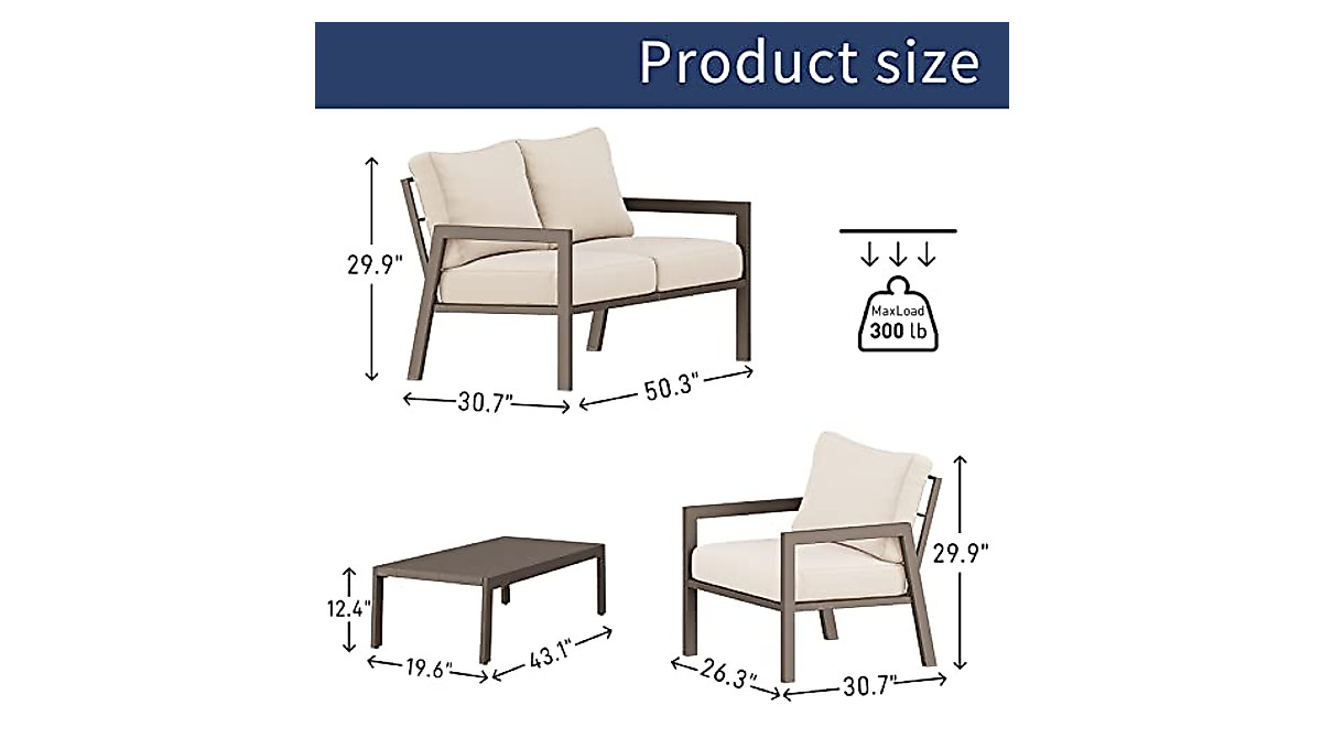 Bella Villa Patio Furniture Set - 4-Piece Outdoor Metal Frame Set