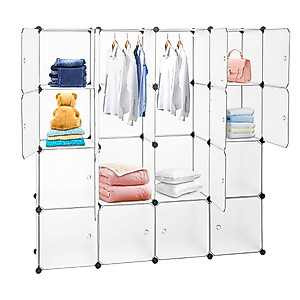 VINGLI Cube Storage Organizer, 16-Cube Plastic Closet Cabinet, DIY Plastic Modular Book Shelf Unit, Cube Shelves with Doors and 2 Hanging Rods - Translucent White