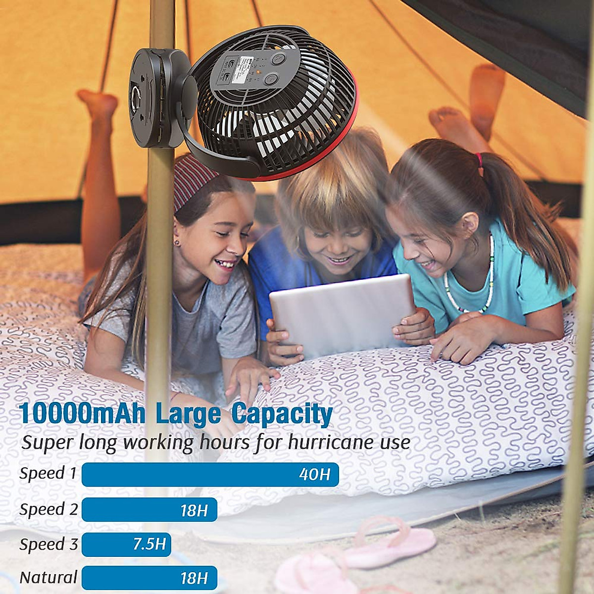 10000mAh Battery Operated Clip On Fan with Hanging Hook, Super Strong Airflow, 4 Speeds, Sturdy Clamp, Timer, for Desktop Tent Treadmill Golf Cart Hurricane Camping