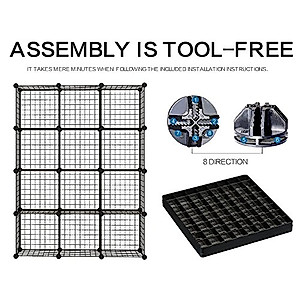 KOUSI DIY Wire Cube Storage, Modular Metal Shelf, Cubby Shelving, Stackable Grid Organizer, 12 Cube, Black