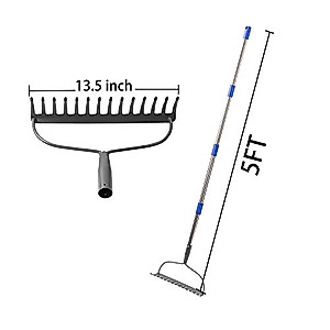HOSKO 5FT Bow Rake，60 inches L Handle x 13.5 inches W Head Metal Bow Rake with Heavy Duty Construction for Gardening, Land Management, Yard Work, Farming and Outdoor