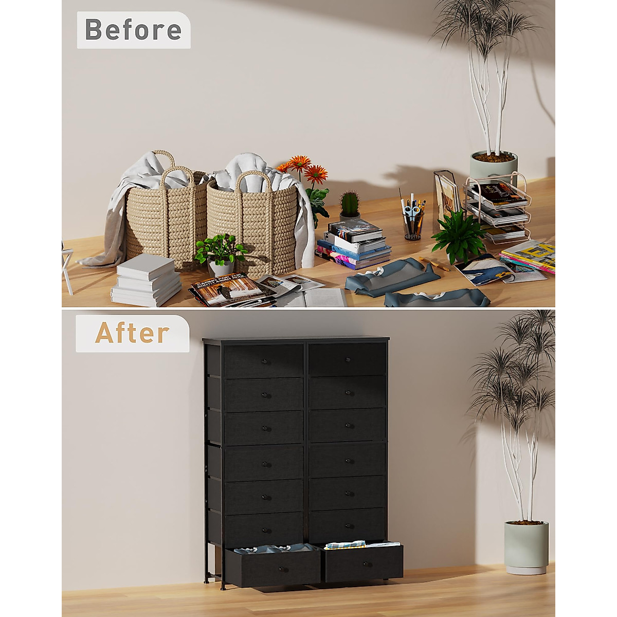 Tall Fabric Dresser for Bedroom, Vertical Storage Organizer Tower with 7 Drawers, Chest of Drawers with Bins, Steel Frame, Wood Top for Bedroom, Closet, Entryway Black