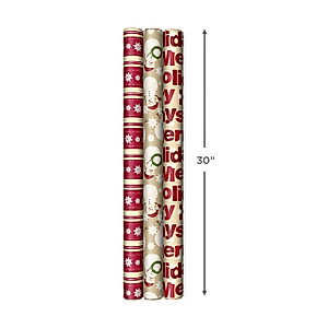 Hallmark Reversible Christmas Wrapping Paper (3 Rolls: 120 sq. ft. ttl) "Merry Holidays," Snowflakes, Snowmen, Red Stripes