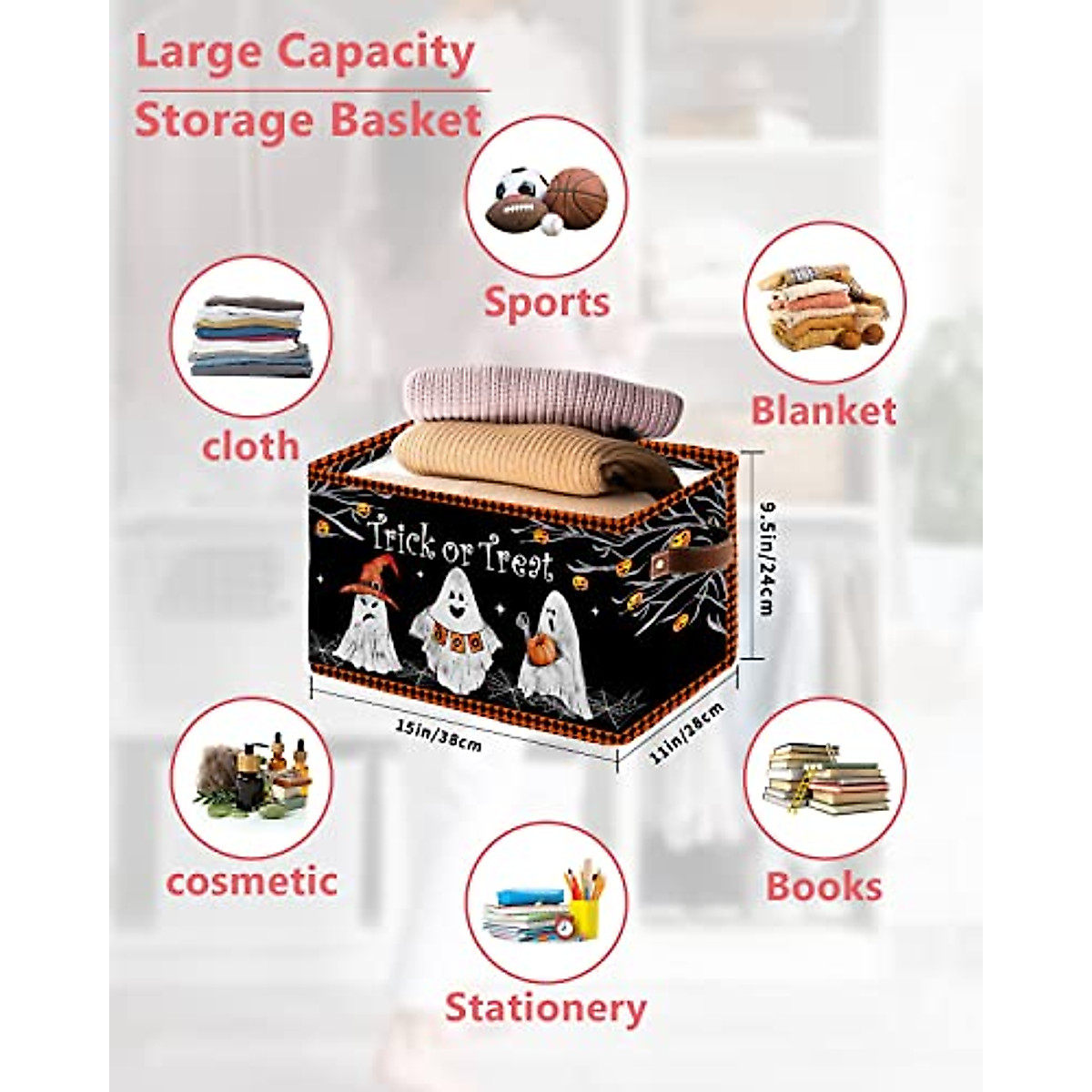 Large Storage Baskets Bins Halloween Collapsible Storage Box Laundry Organizer for Closet Shelf Nursery Kids Bedroom Orange Black Plaid Boo Ghost Pumpkin Trick or Treat