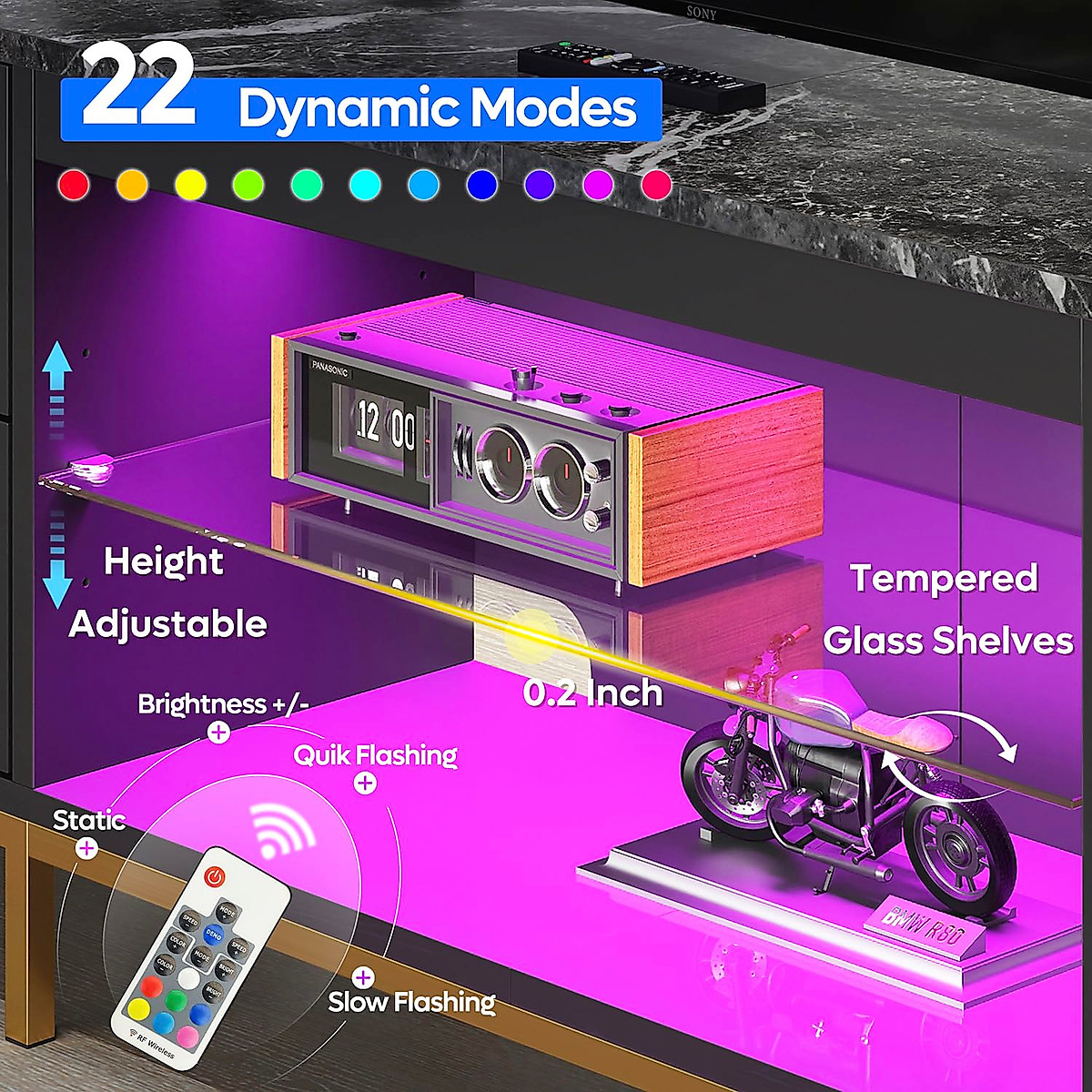 Bestier TV Stand for 75/80/85/90 Inch TVs, LED Gaming Entertainment Center, Modern TV Cabinet with Glass Shelves for Living Room, 2 Storage Drawers & Cabinets for Bedroom, Black Glossy