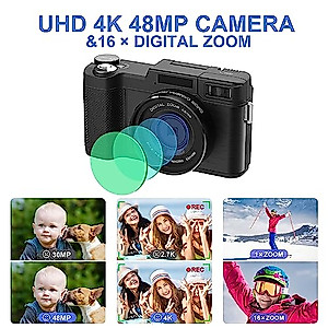 Kmnuiey Camera, 4K Digital Camera for Photography with 3'' 180°Flip Screen, Autofocus 48MP Video Cameras for YouTube with 16X Digital Zoom, 2 Batteries and Charging Cable for Travel