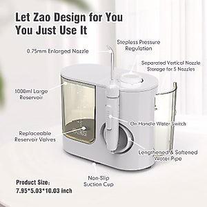 Zao's Selection New Countertop Water Flosser for Family Use, 30-130 PSI Stepless Pressure Regulation,1000ml, 8 Tips, Isolated Tip Storage, Oral Irrigator, Water Picks for Teeth Cleaning