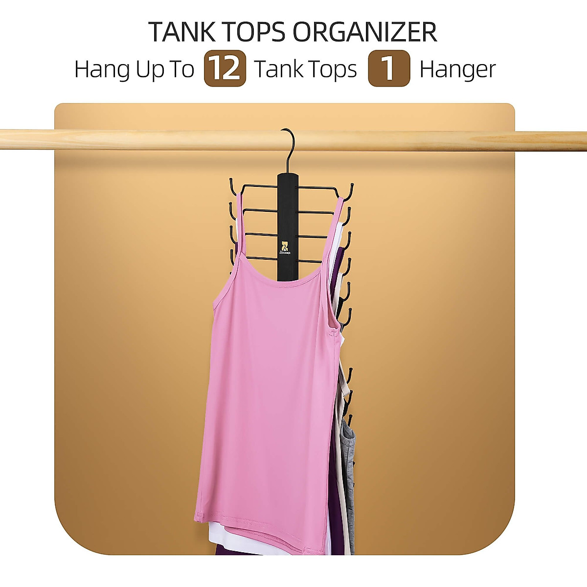 ZEDODIER Tank Top Hanger，2 Pack Wooden Bra Organizer for Closet, 12 Storage Capacity, Top 360° Rotation, Hanging Space Saving Hook for Tank Tops, Sport Bras, Camisoles, Lingeries, Black