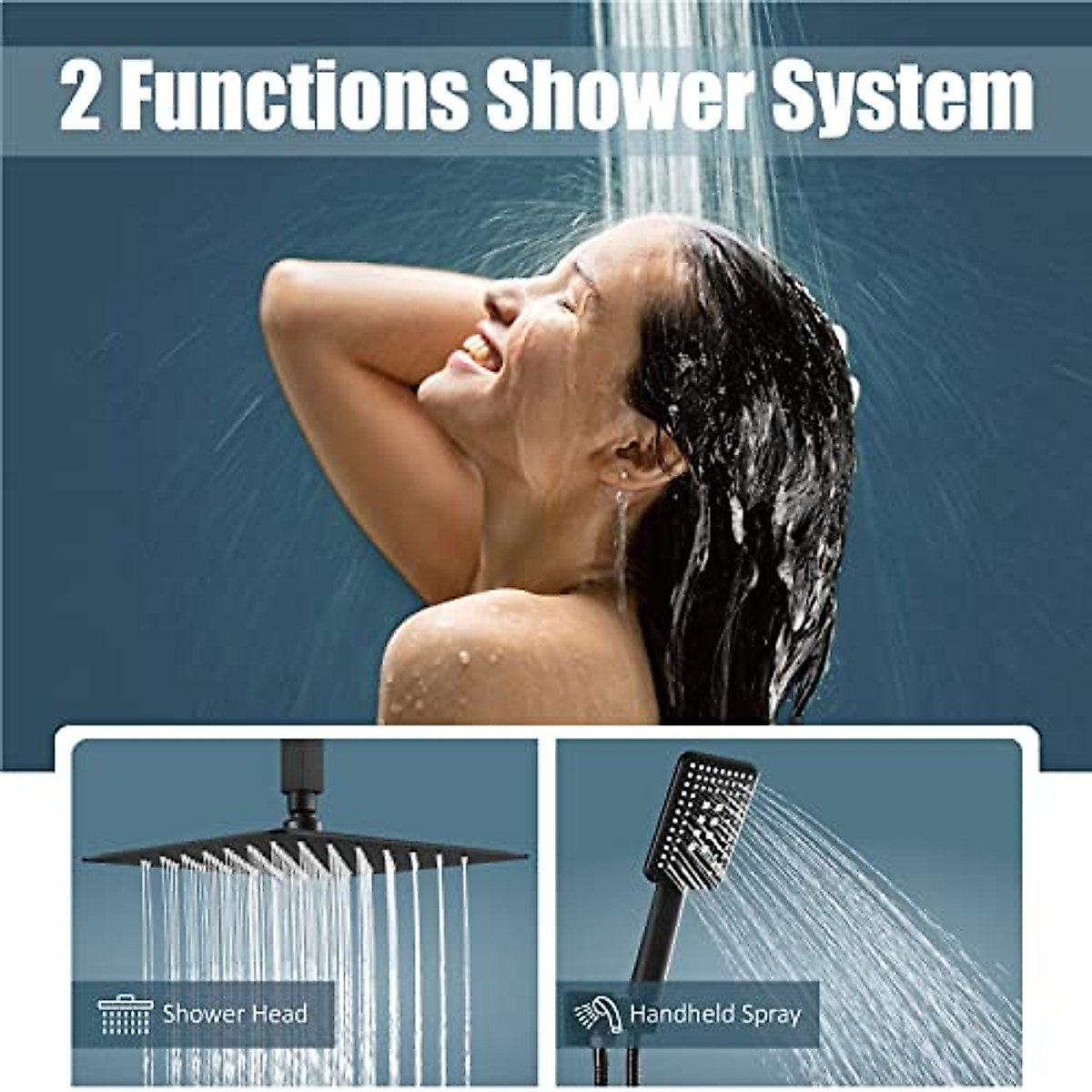 Aolemi Matte Black Shower System Ceiling Mount 12 Inch Rain Shower Head with 3 Functions ABS Handheld Spray Luxury High Pressure Shower Combo Set Rough-in Valve and Shower Trim Included Bathroom