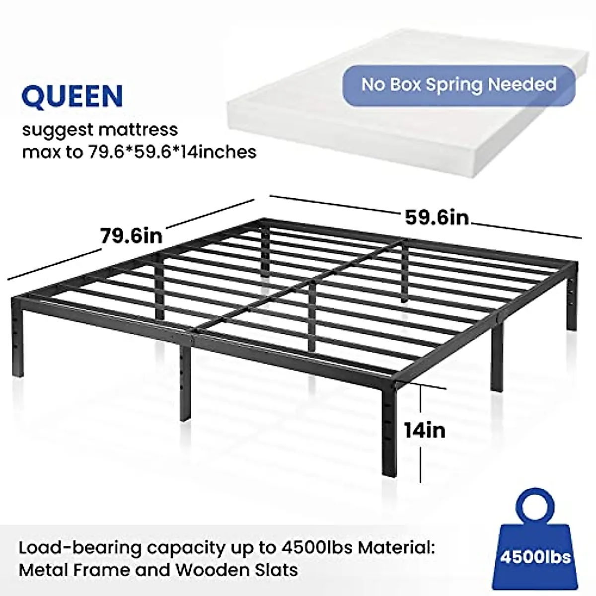 HiBed Queen Bed Frame, 14” Height Noise Free Metal Platform, Lightweight Heavy Duty Steel Support Up to 4500 lbs, Box Spring Free Design, Steel Slat Supports, Easy Assembly Tool-Free,Black