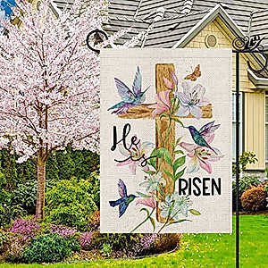Easter Garden Flag Religious Cross Christian He is Risen Flower 12.5 x 18 Inch Burlap Double Sided Vertical Holiday Seasonal Spring Farmhouse Yard Outdoor Decorations