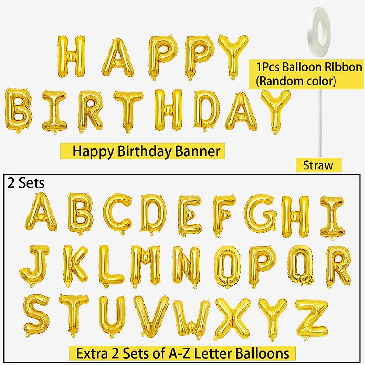 Happy Birthday Banner,Personalized Name Happy Birthday Balloon Banner Letters Balloons 2 Sets A-Z 16 Inch Reusable Foil Mylar Birthday Party Decorations for Women Men Boys Girls (Gold)