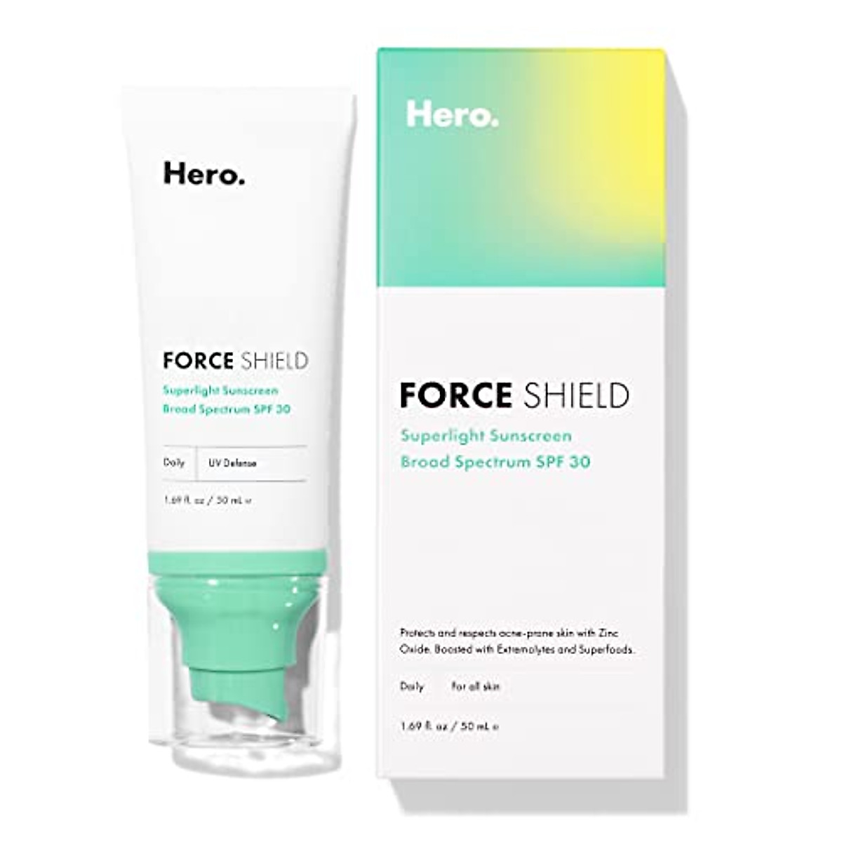 Force Shield Superlight Sunscreen SPF 30 from Hero Cosmetics - Everyday SPF 30 for Acne-Prone Skin with Zinc Oxide, Green Surge, and Extremolytes, Fragrance Free and Reef Safe (50 ml)