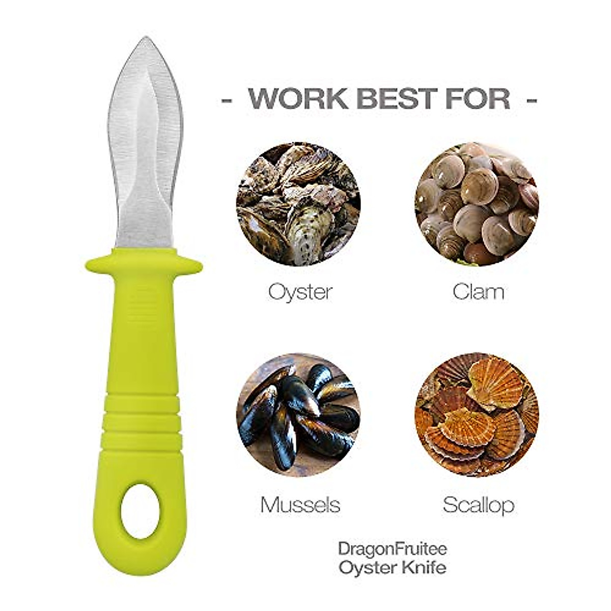 DragonFruitee Oyster Shucking Knife, Commercial Grade Clam and Shellfish tool With Ergonomic Grip And Anti-Slip Handle, Good For Home Restaurant Kitchen And Outdoor Use, Yellow/Silver (1 Count)
