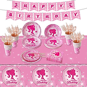 Aoerfes Girl Party Plates for Princess Pink Party Decoration, Serves 24 Guests Plates and Napkins Cup Tablecloth Dinnerware for Princess Doll Theme Girl Birthday Party Tableware