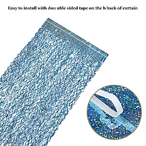 CYLMFC 3 Pack 3.3 ft x 6.6 ft Tinsel Foil Fringe Curtain Blue - Foil Fringe Backdrop Wall Curtains for Baby Shower,Mermaid,Under The Sea,Ocean,Frozen Party Decorations