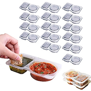 Reusable Snack Packs 2 Compartments, Snack Packs Containers Reusable, Double Condiment Containers with Lids, Portable Reusable Sauce Container,for Condiment, Dip, Sauce, and Snacks(15pcs)