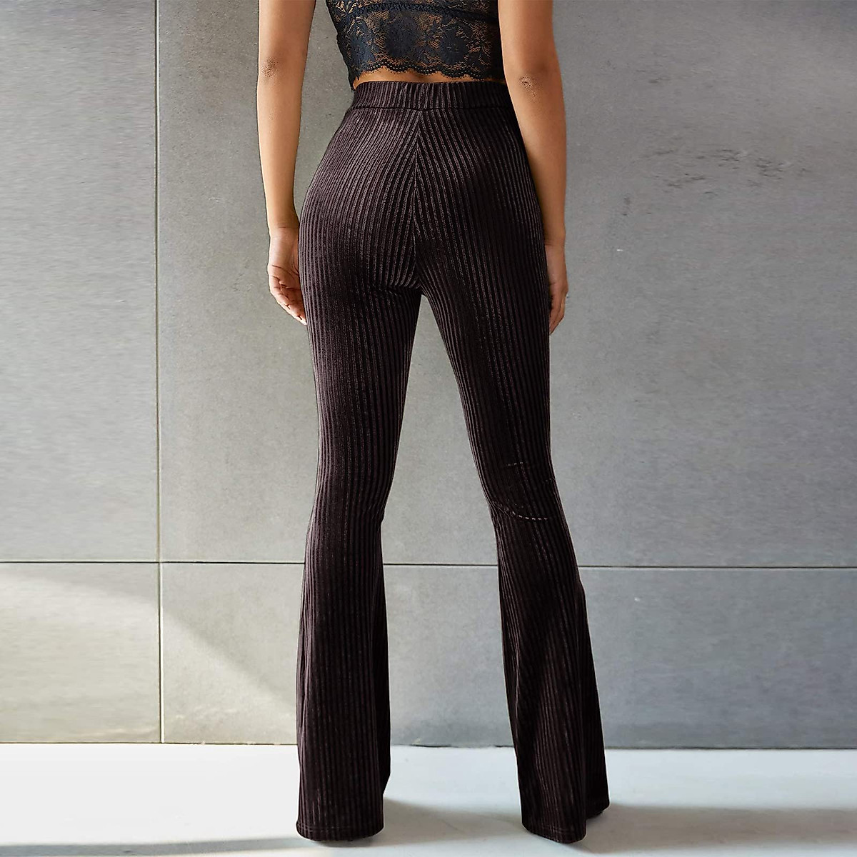Velvet Elastic Waist High Waisted Flare Leg Palazzo Long Pants for Women - Tummy Control, Dressy Office Pants - Coffee XL