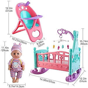 deAO 12” Baby Doll Play Set with Crib, Mobile, High Chair Feeding Accessories, Interactive Dolls for Girls Kids Pretend Play Baby Dolls 21 PCS