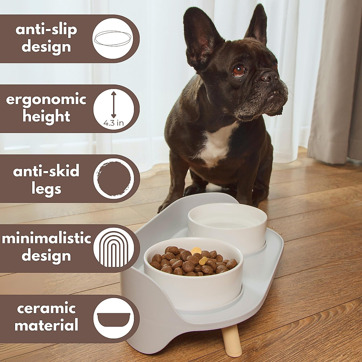 A4DOG Ceramic Dog Bowls with Stand - Elevated Dog Water and Food Bowl Set 13.5oz Cat & Dog Feeding Station Spill Proof Splash Proof Raised Pet Food Bowls for Dogs, No Mess Pet Feeder - Gray