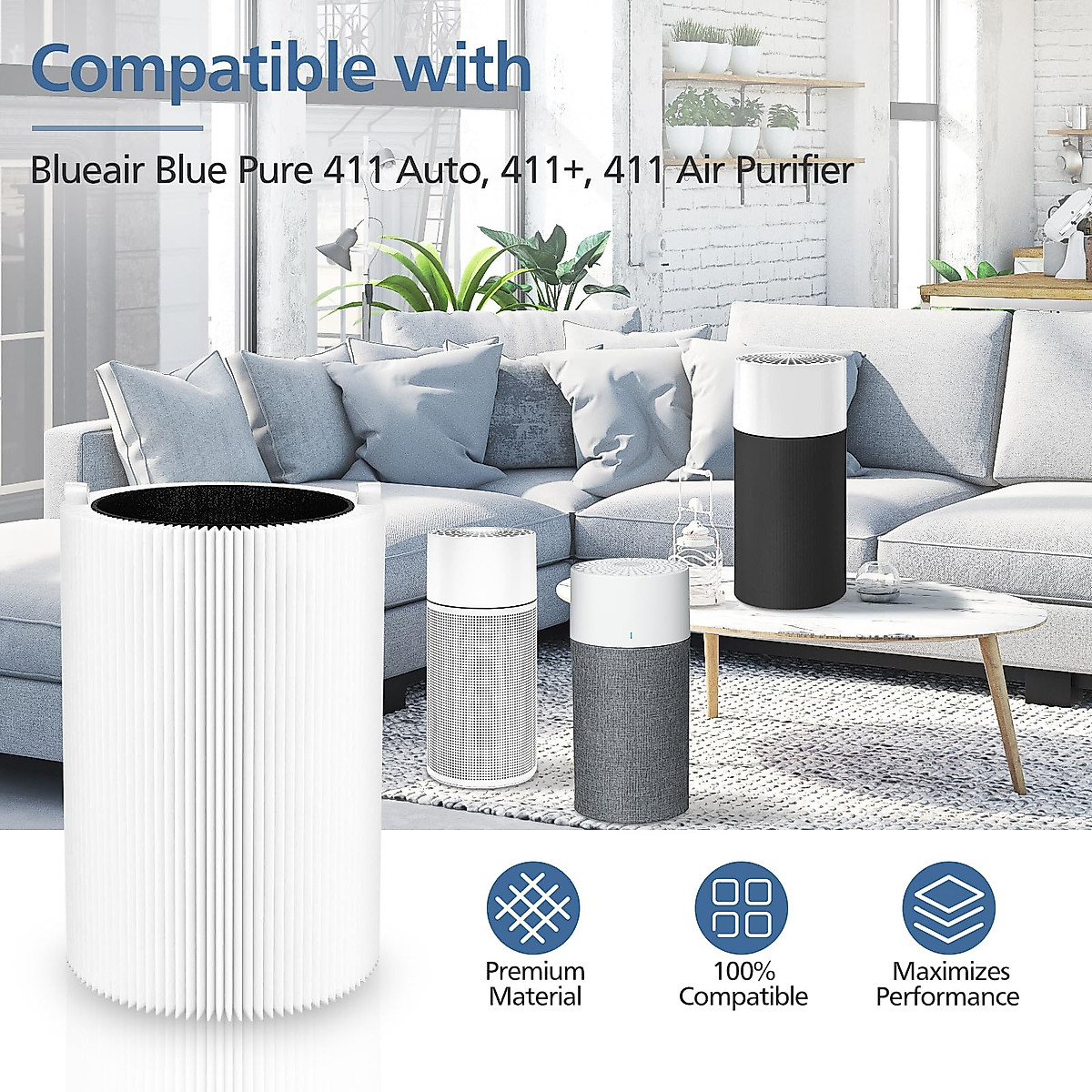 Blue Pure 411 Replacement Filte-r Compatible with Blueair Blue Pure 411 Genuine, 411+, 411 Auto and Mini Air Purifie-r, Include 3 Particle and 3 Activated Carbon