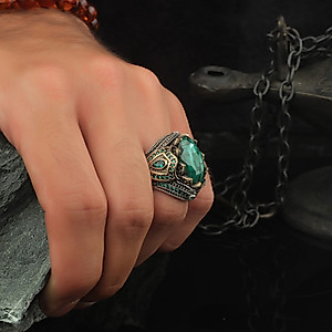 Emerald Stone Men Silver Ring, 925 Sterling Silver Emerald Gemstone Ring, Handmade Engraved Turkish Silver Ring with Natural Emerald Stone gifts for men handmade rings valentines day gifts for him