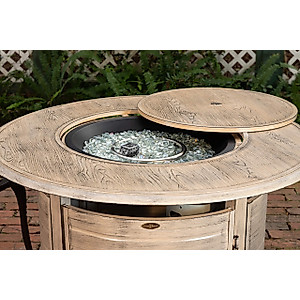 Fire Sense 62739 Thatcher Woodgrain Aluminum Convertible Gas Fire Pit Table 55,000 BTU Outdoor Portable with Fire Bowl Lid, Nylon Weather Cover & Clear Fire Glass - Driftwood Finish - Round - 42"