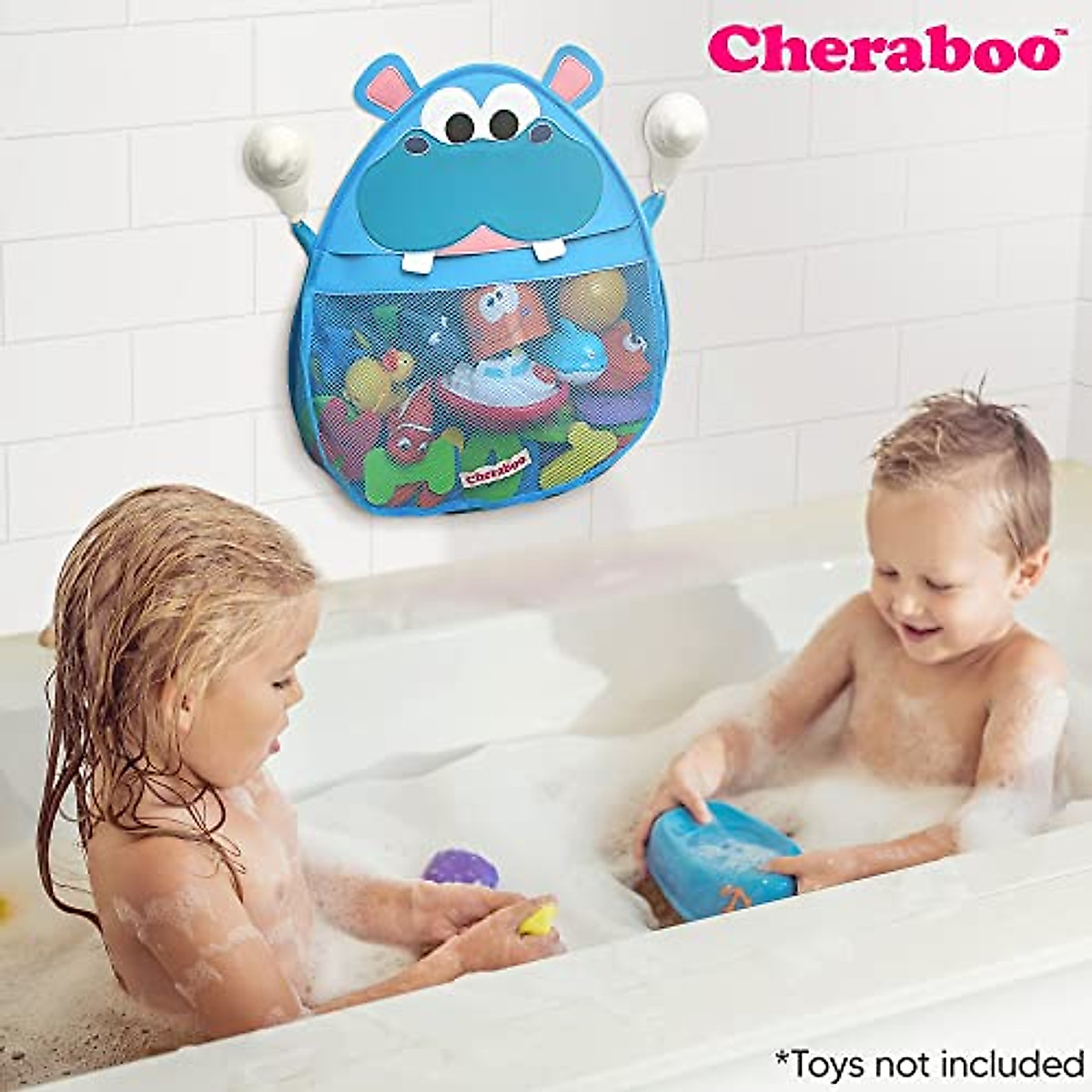 CHERABOO Bath Toy Storage Hurley Hippo Kids, Toddlers, Baby Bath Organizer | Tub, Bathtub, Bathroom Toy Holder | Quick dry net, two suction cups | Shower Caddy Mesh Basket (Blue)