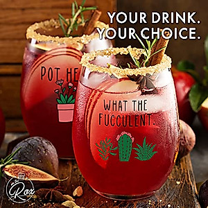 Succulent Plant Cactus Gifts for Women- Set of 2 Funny Wine Glasses 15oz - Plant Lover Gift Mug - What the Fucculent- Pot Head Crazy - Plant Lady Wine Glass Tumbler - Custom Stemless Wine Glasses