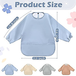 4 Pack Long Sleeve Baby Bibs Waterproof Long Sleeved Bib Baby Eating Smock Bib Feeding Baby Bib with Sleeves Baby Shirt Bib with Food Catcher Soft Art Smock Bibs for Babies Toddlers 6-36 Months
