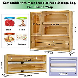 6 in 1 Ziplock Bag Organizer, Separate Bamboo Plastic Bag Organizer, Foil Dispenser with Cutter, with Acrylic Lid, Label, for Sandwich Snack Gallon Quart Bag, for Housewarming Mother's Day Gifts