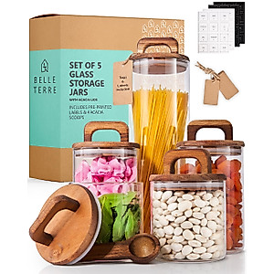 BELLE TERRE Premium Glass Jar Set - 5 Canisters with Airtight Natural Acacia Lids, Custom Labels & Spoons - Food Storage Containers & Pantry Organization - 17oz, 34oz, 68oz - Transparent, Durable