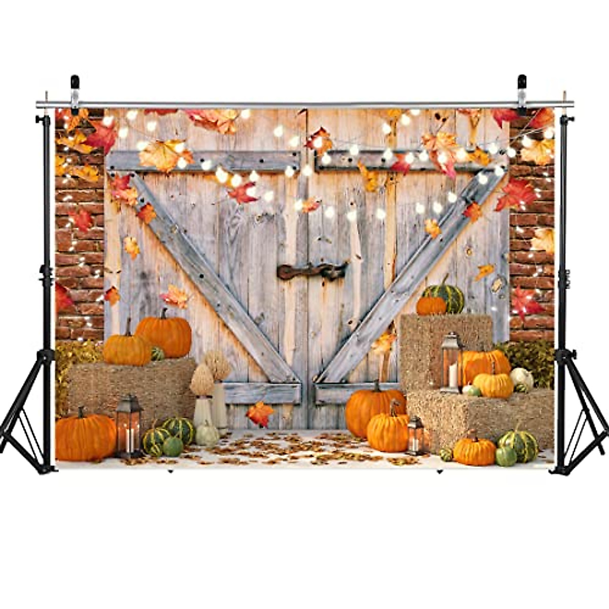 LYCGS 10X8FT Fall Thanksgiving Backdrop Autumn Pumpkin Harvest Barn Background Hay Maple Leaves Baby Shower Banner Supplies Photo Booth Prop X-53
