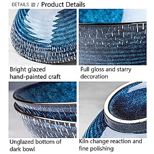 Threaded BowL 8" Ceramic Soup Bowl Ramen Bowl, Blue Thread Rice Bowl, Large Fruit Salad Bowl, Kitchen Tableware Cereal Bowl (Color : Blue2, Size : 8")