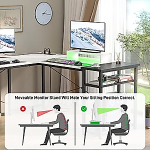 Cyclysio L Shaped Desk with Power Outlets and USB Ports, Reversible L Shaped Gaming Computer Desk with LED Light, 83.5'' Large 2 Person Desk with Monitor Stand, L-Shaped Corner Desk, White and Black