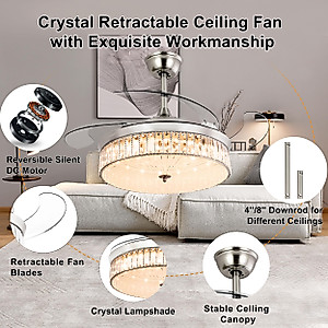 Ohniyou 42" Retractable Ceiling Fan with Light and Remote,Crystal Chandelier Ceiling Fan for Bedroom Living Room Indoor (Chrome Silver)
