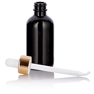 JUVITUS 2 oz Black Glass Luxury Boston Round Bottle with Gold Dropper (12 Pack) + Funnel