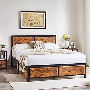 VECELO Full Platform Bed Frame/Mattress Foundation with Rustic Vintage Wood Headboard, Strong Metal Slats Support, No Box Spring Needed