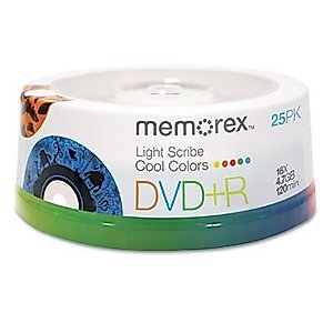 Memorex DVD+R Recordable LightScribe Media Spindle, 4.7GB/120 Minutes, Cool Colors, Pack of 25