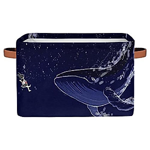 Pardick Large Collapsible Storage Bins ,Universe Whale Decorative Canvas Fabric Storage Boxes Organizer with Handles，Rectangular Baskets Bin for Home Shelves Closet Nursery Gifts