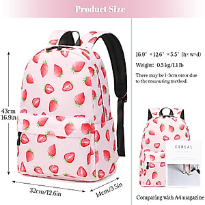 MIRLEWAIY 15.7 inch Large Capacity Travel Laptop Backpack Lightweight Primary Junior SchoolBag School Book Bag for Teen Girls, Pink Strawberry