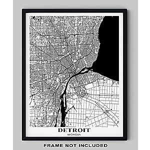 Detroit City Map Wall Art - 11x14" UNFRAMED Print - Modern, Minimal, Black And White Detroit, MI Wall Decor - Detroit Gifts For Women And Men, Souvenirs, Poster