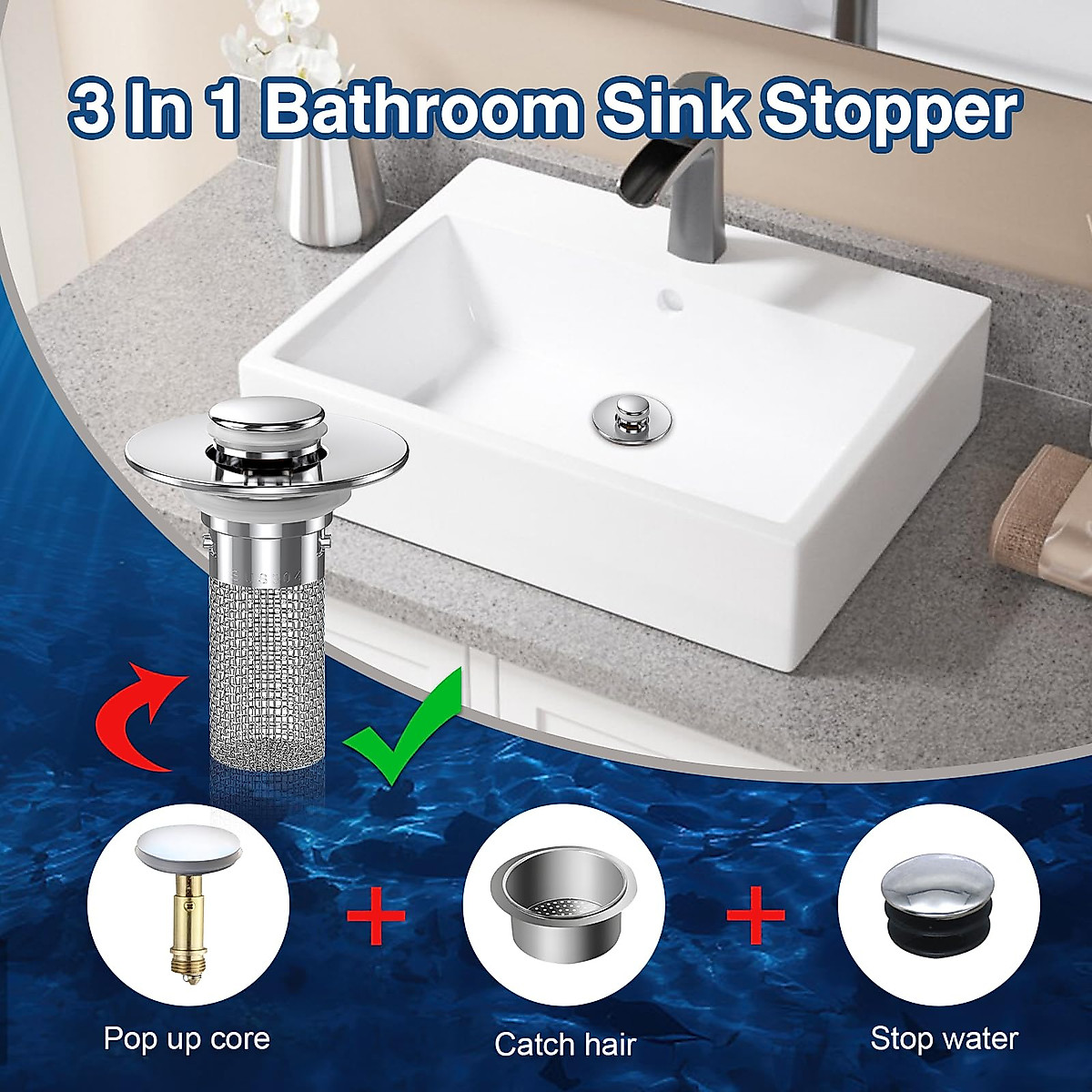 Bathroom Sink Stopper Hair Catcher, Pop Up Sink Drain Filter with Removable Stainless Steel Filter Basket Hair Catcher, for US Bathroom Sink Stopper Replacement.(2PCS)