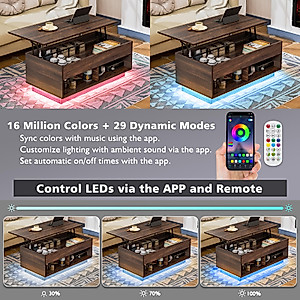 HOMMPA Lift Top Coffee Table with Hidden Storage LED Coffee Table Dark Walnut Living Room 3 Tiers Tea Table with Storage Center Tables Hidden Compartment & 2 Open Shelves