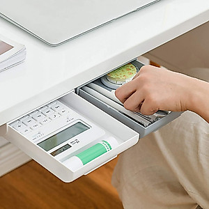 Under Desk Storage Drawers Self-Adhesive Slide Out Hidden Desktop Organizer Box for Pen Stationery Home Office School Kitchen Table Storage Tray(Grey)