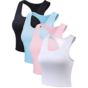 Boao 4 Pieces Basic Crop Tank Tops Sleeveless Racerback Crop Top for Women (Black, White, Blue, Pink, Large)