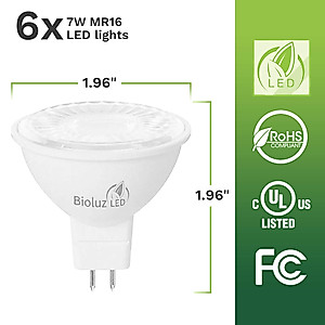 Bioluz LED 6 Pack MR16 LED Bulb 50W Halogen Replacement Non-Dimmable 7w 3000K 12v AC/DC UL Listed Pack of 6