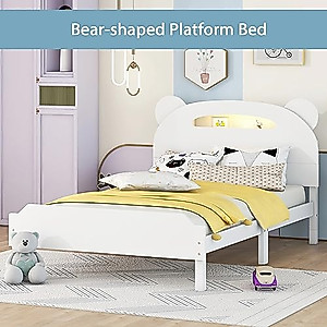 Twin Size Platform Bed with Bear-Shaped Headboard, Wood Frame Bed with Motion Activated Night Lights, Children Beds for Bedrooms, White