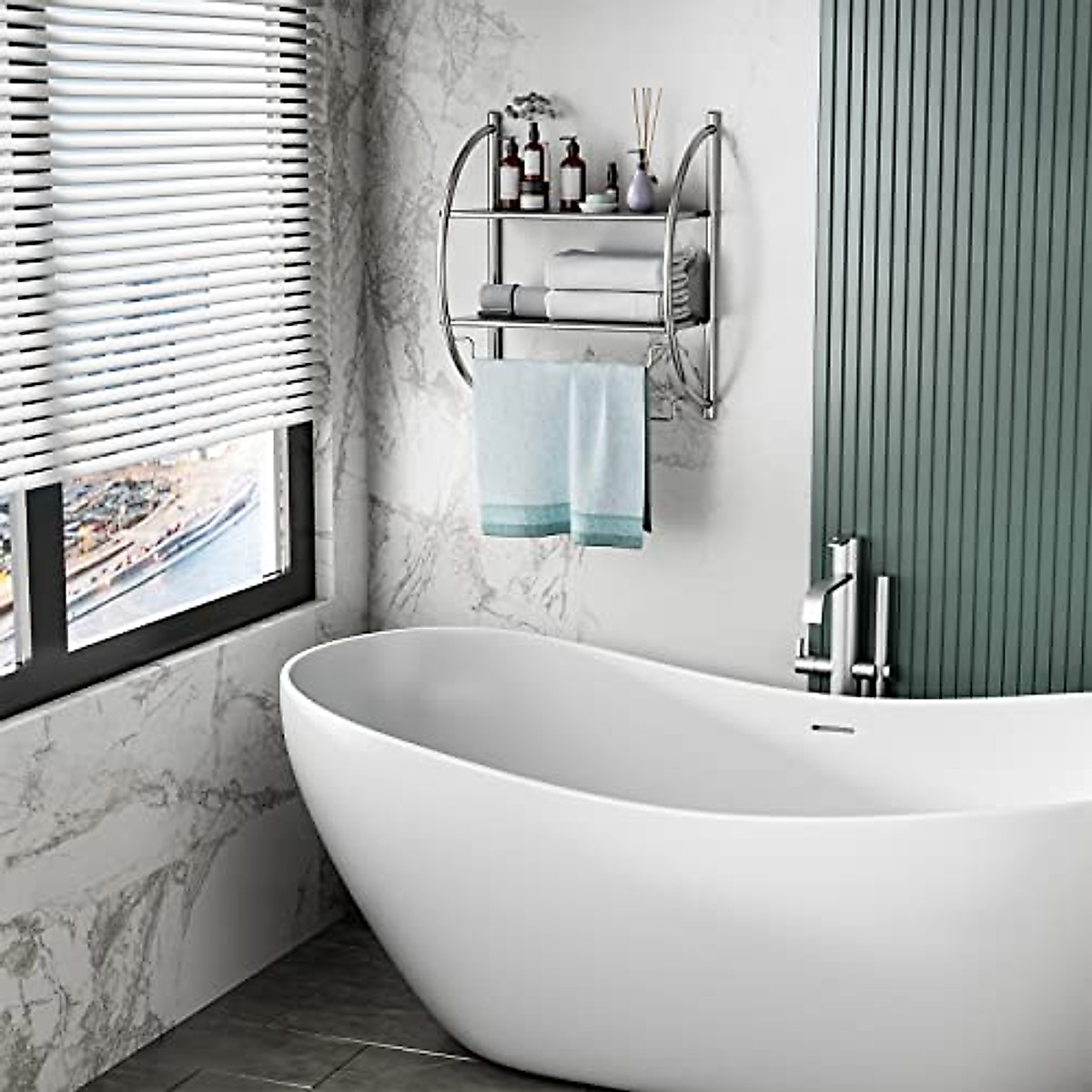 Safstar Wall Mounted Bathroom Shelf, 2-Tier Metal Bathroom Towel Rack w/Leaky Design Shelves & Towel Bars, Chrome Bathroom Shelf for Living Room Kitchen Bathroom, 18"W X 10"D X 22"H, Silver